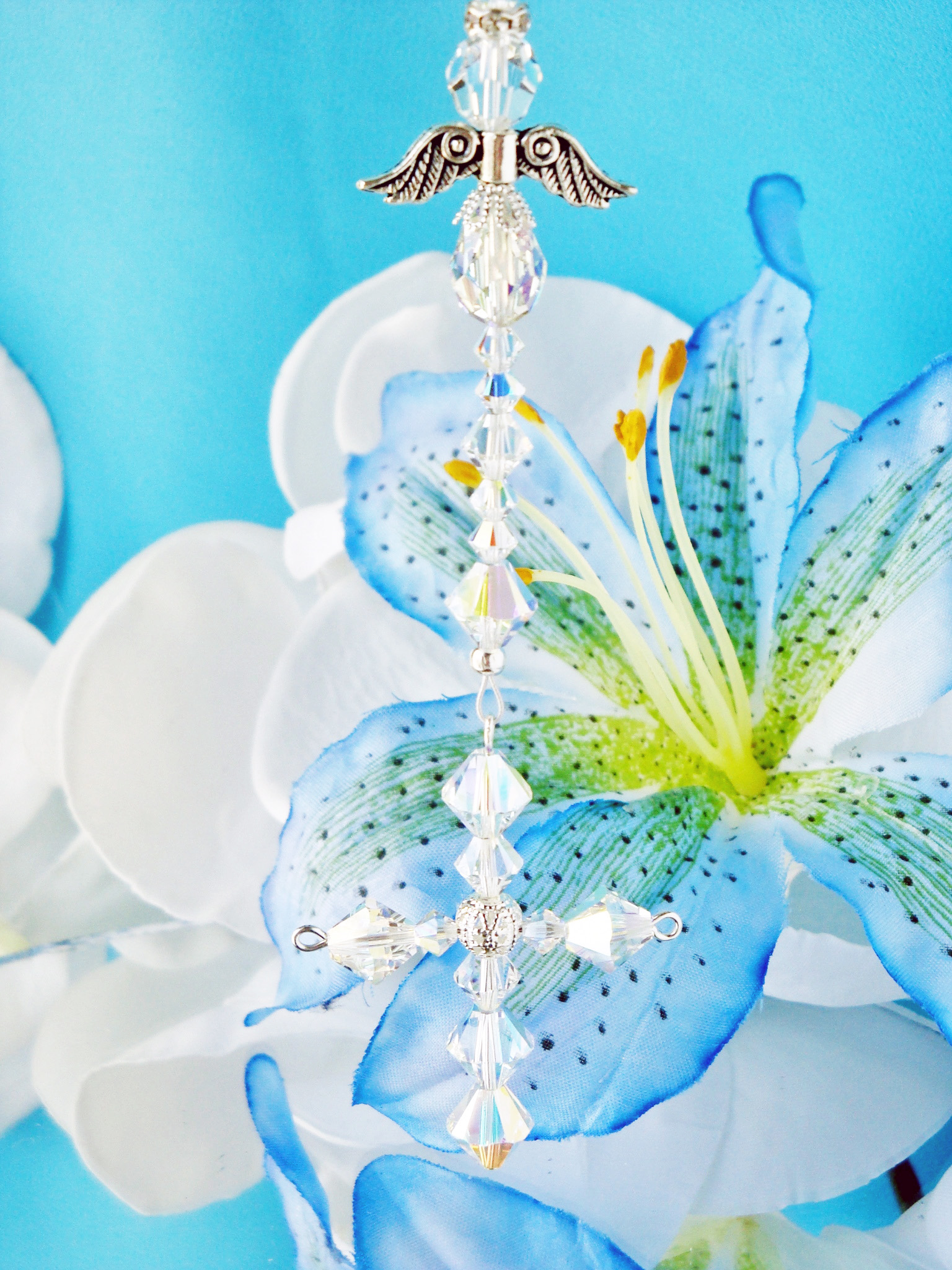 Swarovski Crystal Cross with Angel Car Charm, Rear View Mirror Charm ...